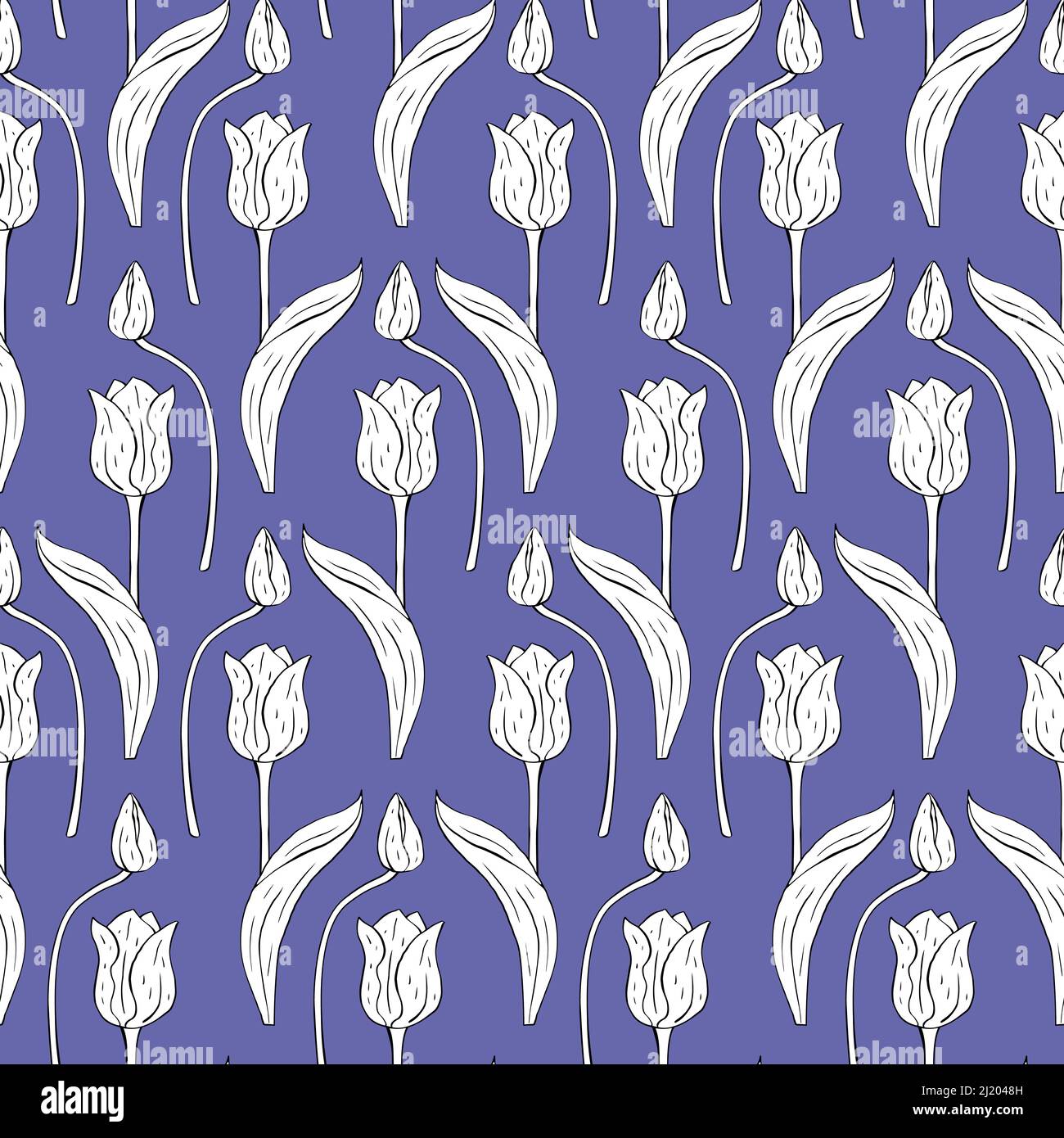 Vintage seamless pattern with white and black line art tulips flowers ...