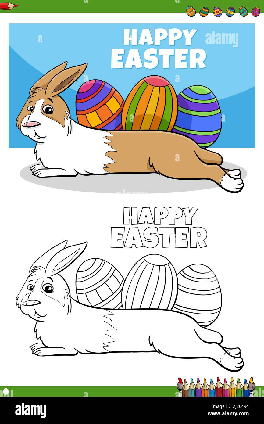 Cartoon illustration of happy Easter bunny character with Easter eggs ...