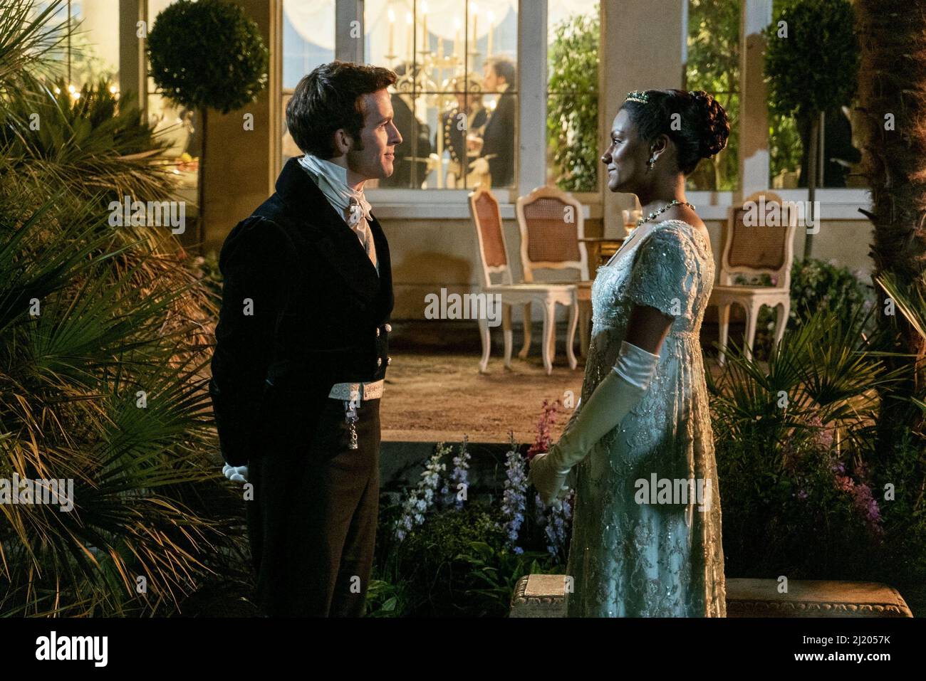 BRIDGERTON, from left: Jonathan Bailey, Simone Ashley, Capital R Rake ...