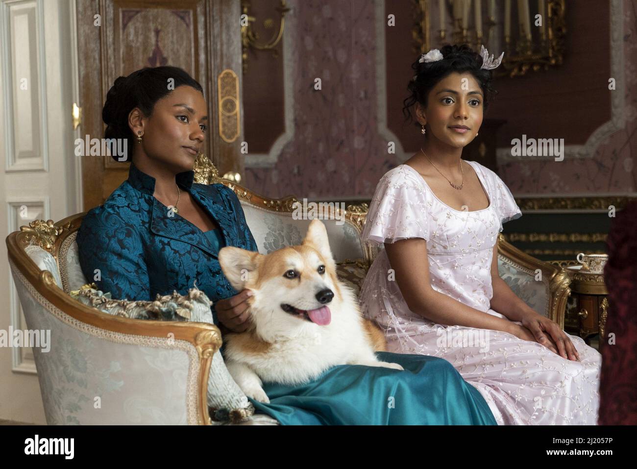 BRIDGERTON, from left: Simone Ashley, Charithra Chandran, Capital R ...