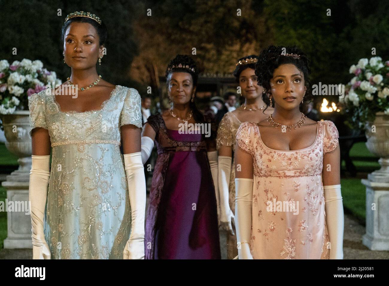BRIDGERTON, from left: Simone Ashley, Adjoa Andoh, Shelley Conn ...