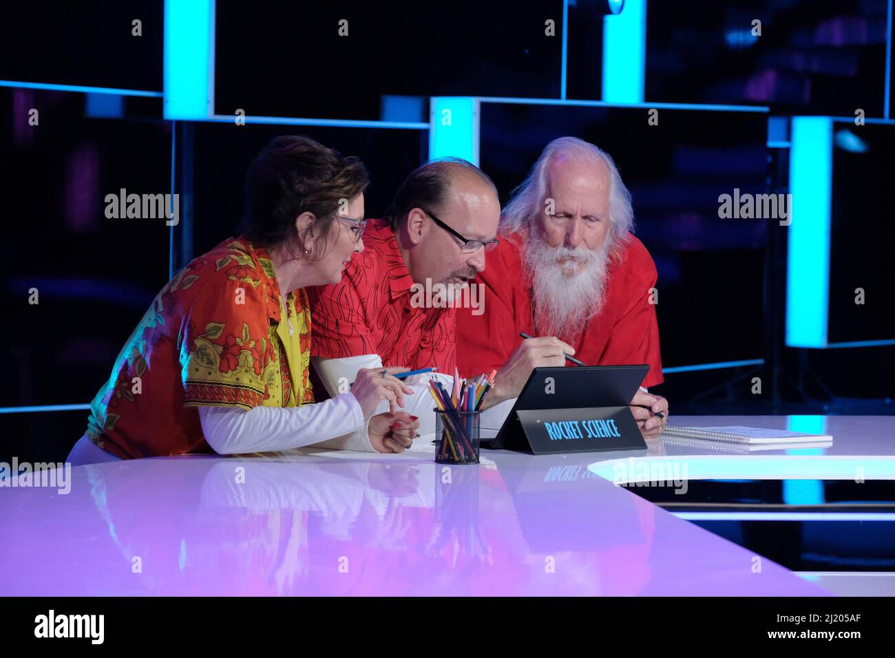 DOMINO MASTERS, contestants from Team Rocket Science (from left: Gloria ...