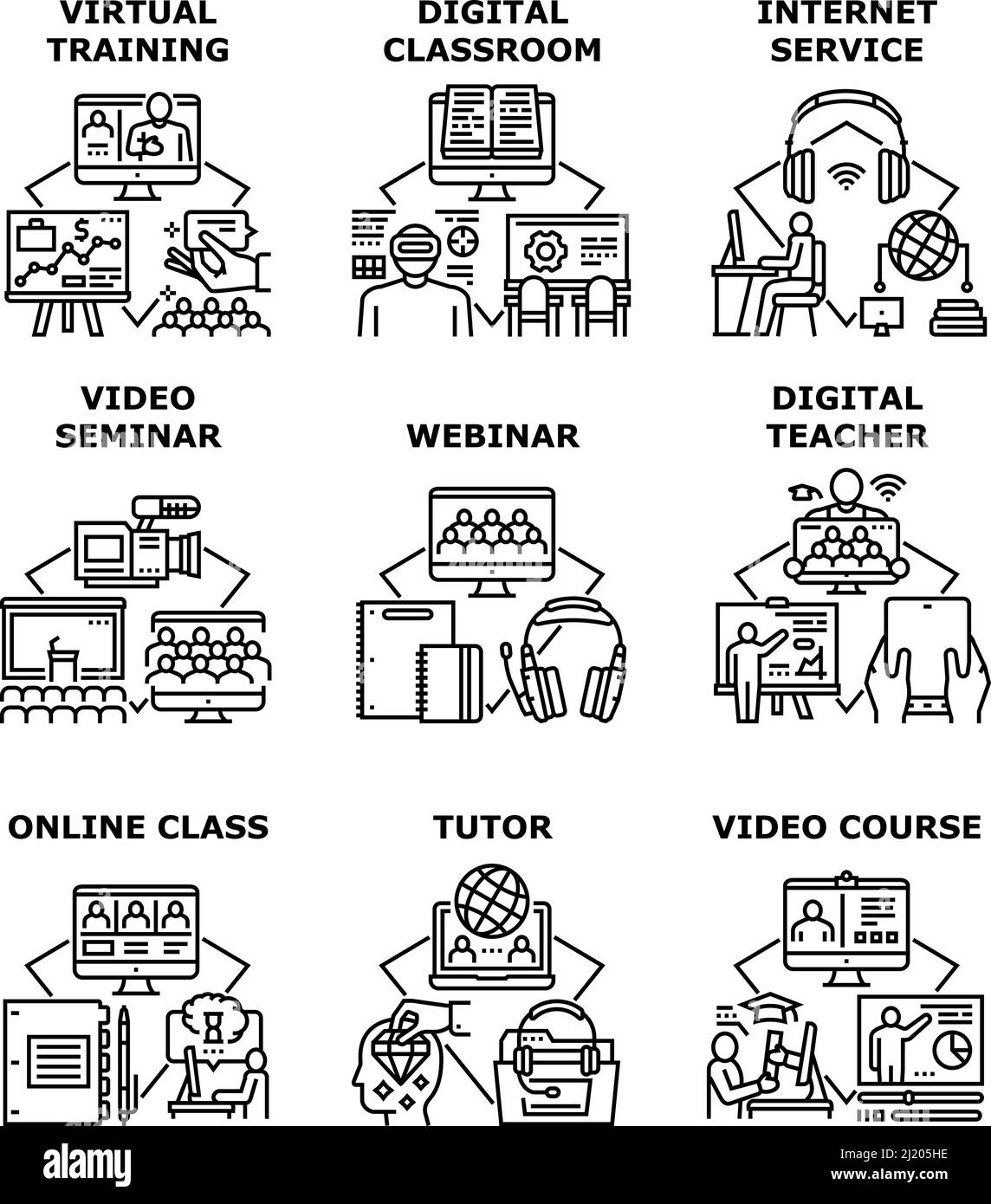 Virtual Training Set Icons Vector Illustrations Stock Vector Image ...