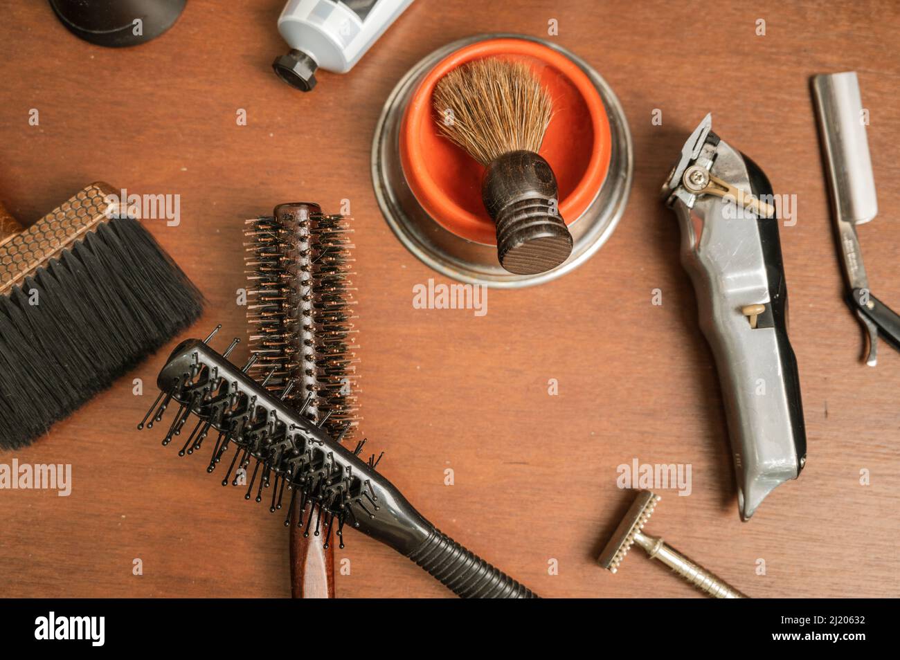 Top view barber tools on the shelf in the barbershop. High quality ...