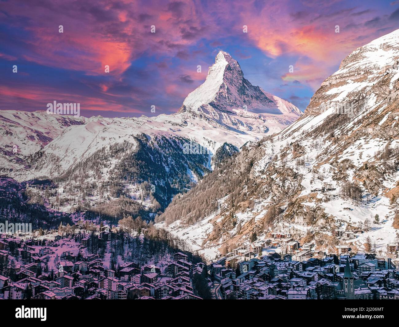Aerial View on Zermatt Valley and Matterhorn Peak Stock Photo - Alamy