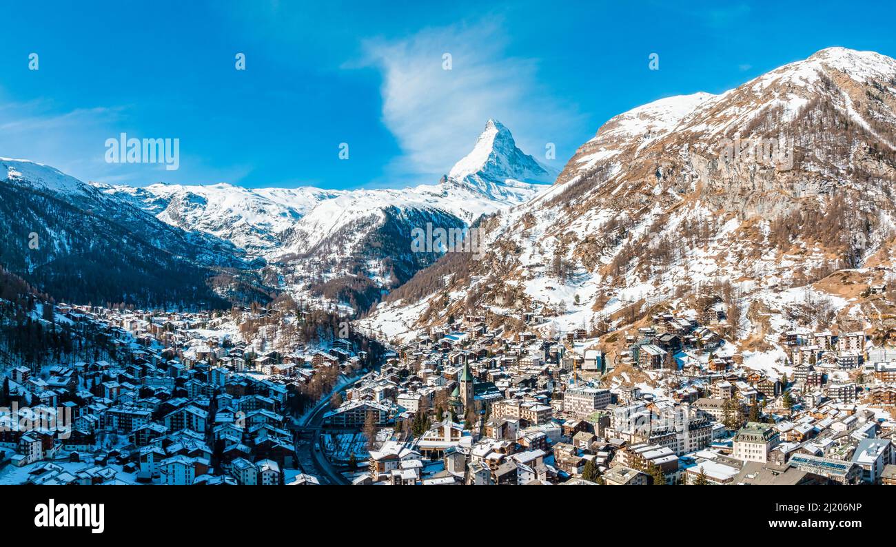 Aerial View on Zermatt Valley and Matterhorn Peak Stock Photo - Alamy