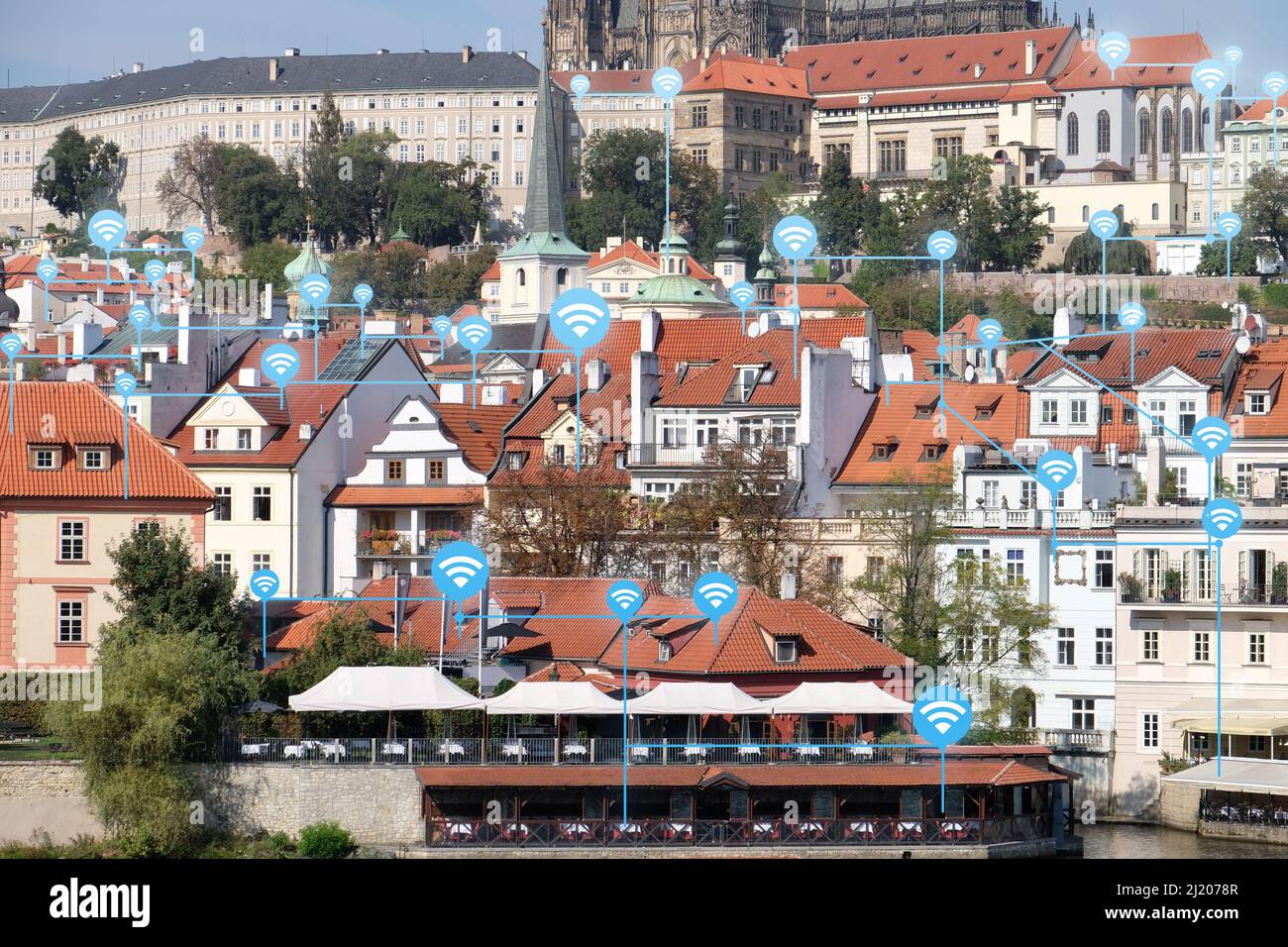 Landscape with beautiful city buildings and signs of wi-fi Stock Photo ...