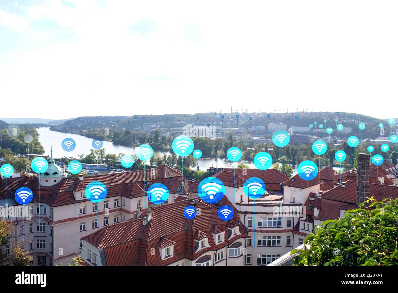 Landscape with beautiful city and signs of wi-fi Stock Photo - Alamy