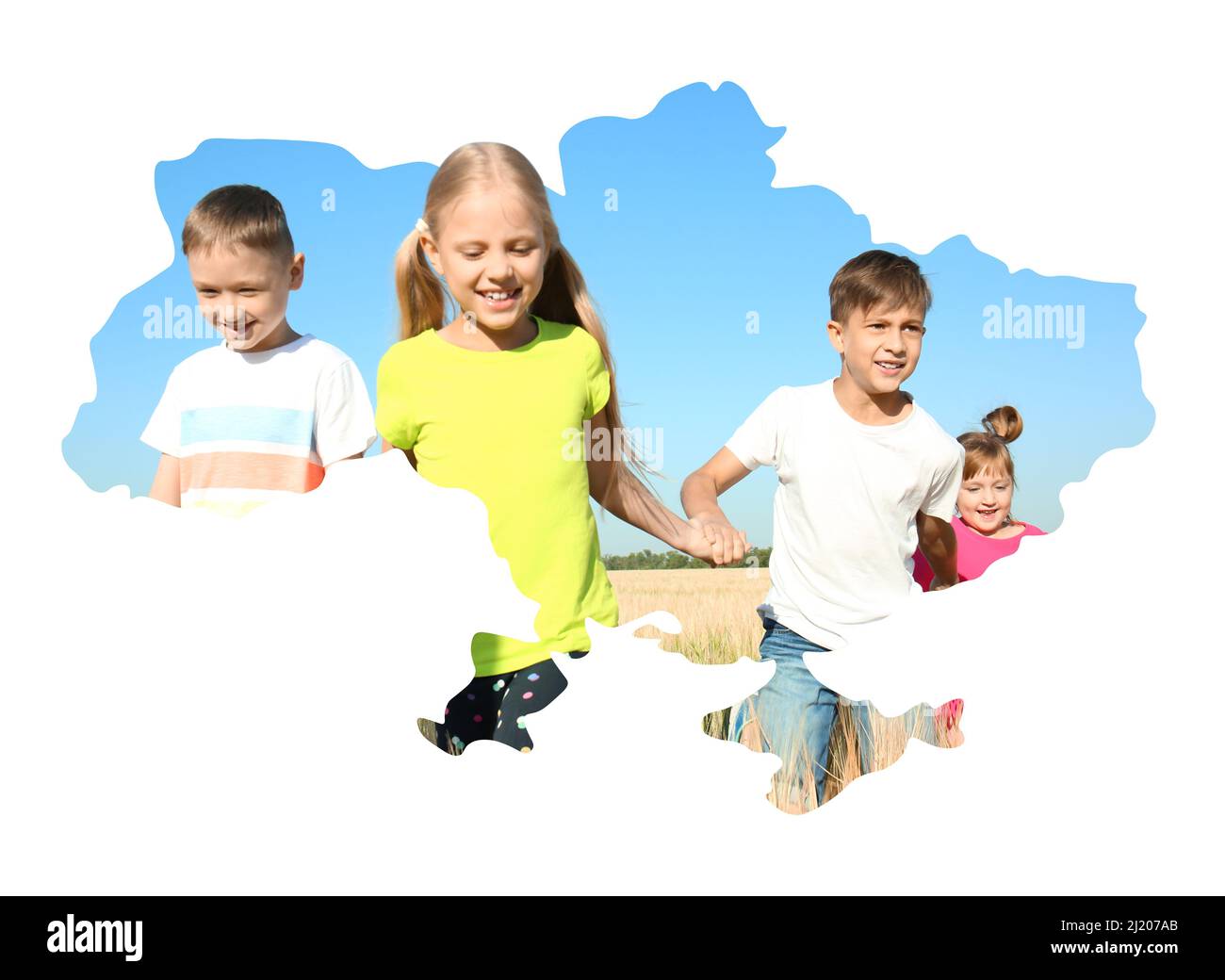 Collage with little children in wheat field and map of Ukraine on white ...