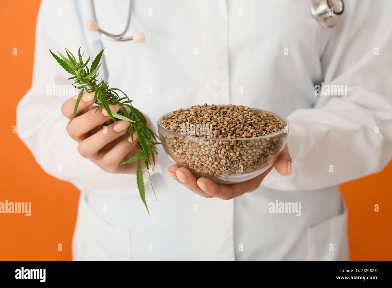 Female doctor with hemp seeds in bowl on color background, closeup ...