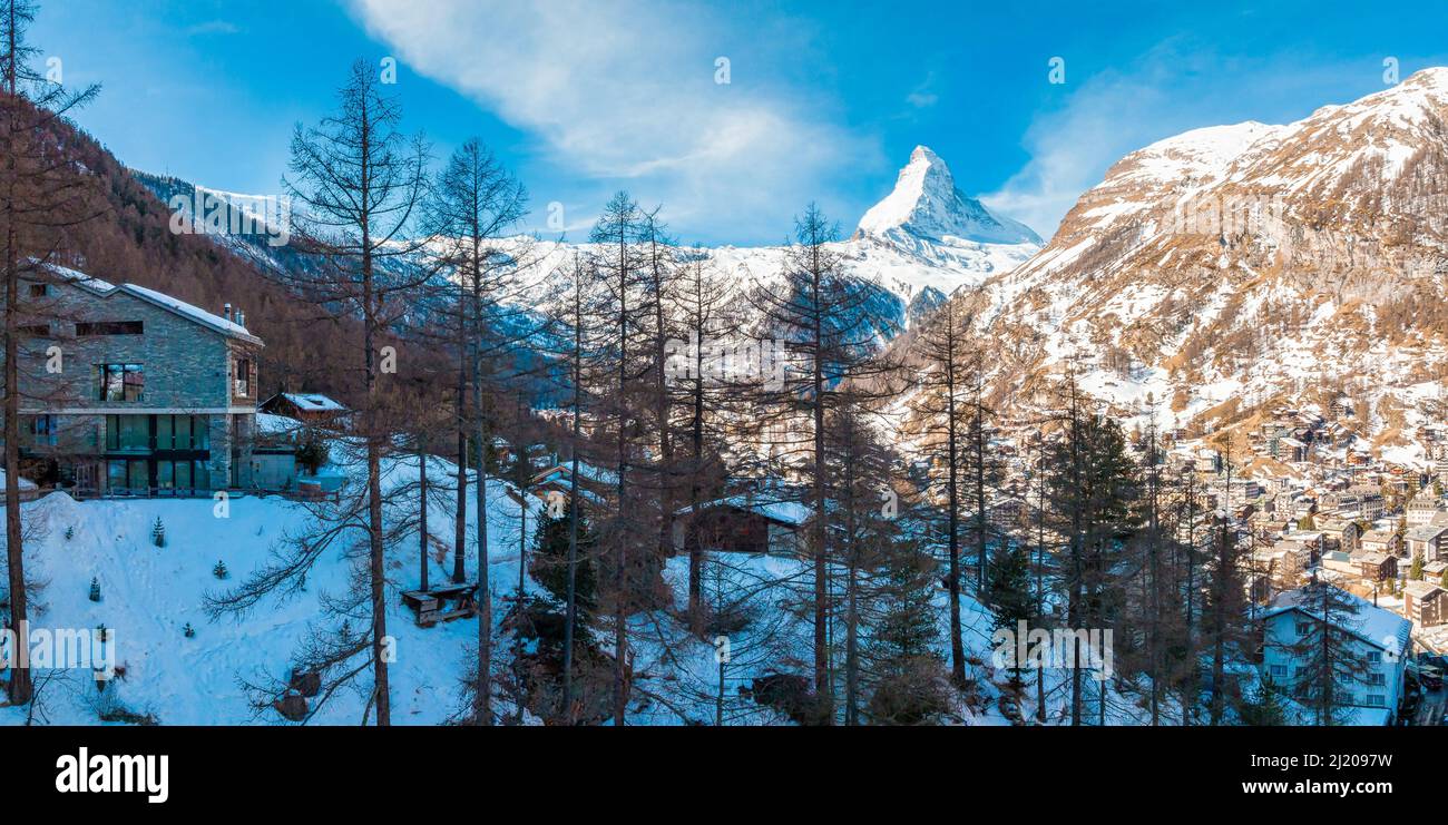 Aerial View on Zermatt Valley and Matterhorn Peak Stock Photo - Alamy