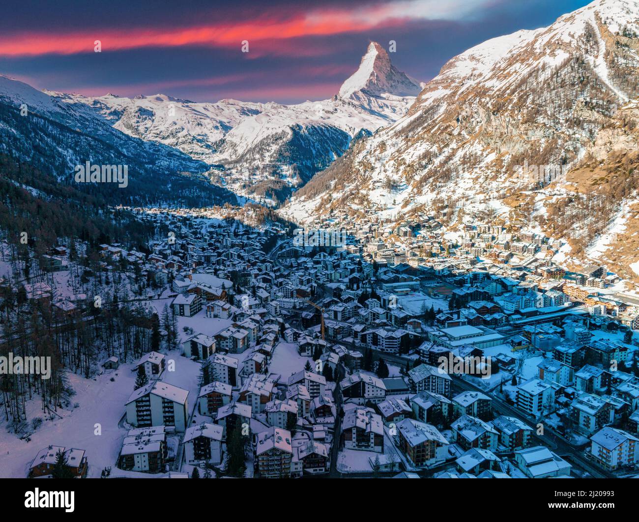 Aerial View on Zermatt Valley and Matterhorn Peak Stock Photo - Alamy