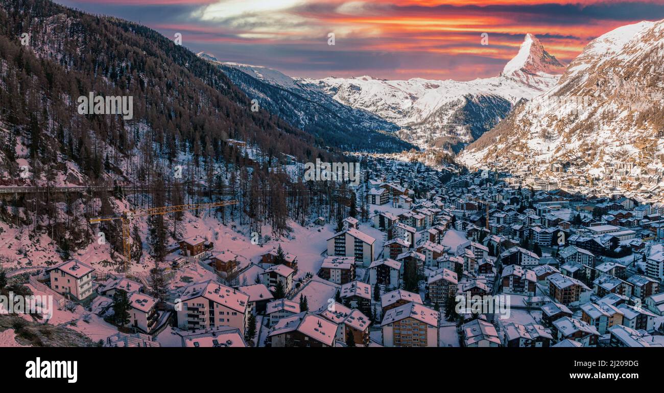 Aerial View on Zermatt Valley and Matterhorn Peak Stock Photo - Alamy