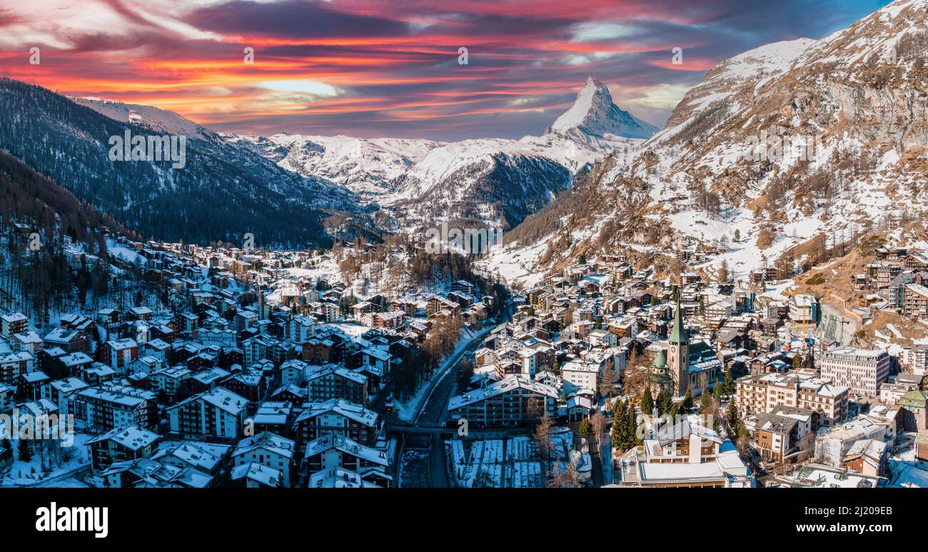 Aerial View on Zermatt Valley and Matterhorn Peak Stock Photo - Alamy