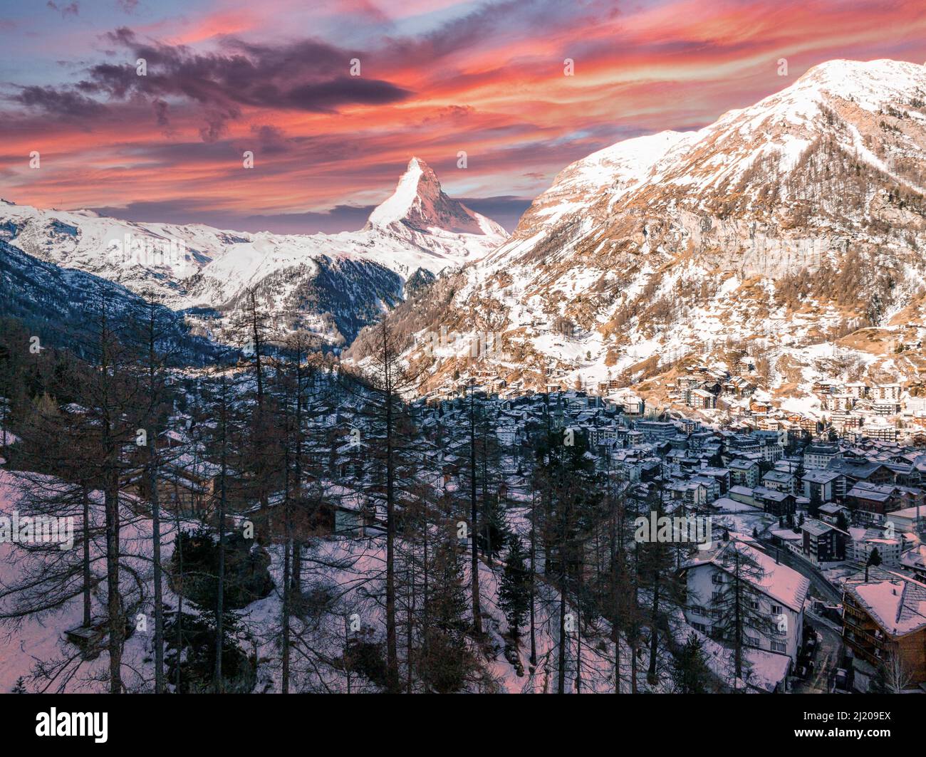Aerial View on Zermatt Valley and Matterhorn Peak Stock Photo - Alamy