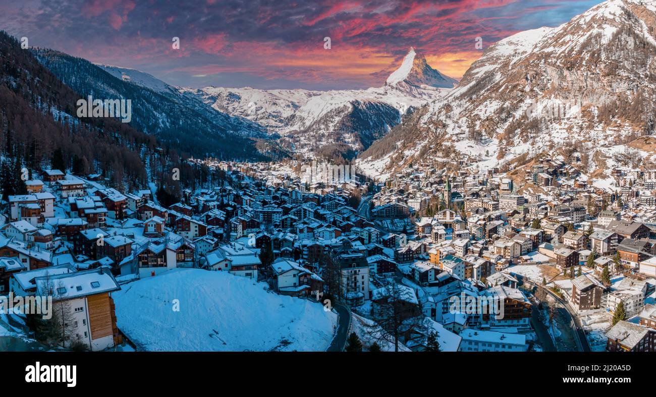 Aerial View on Zermatt Valley and Matterhorn Peak Stock Photo - Alamy