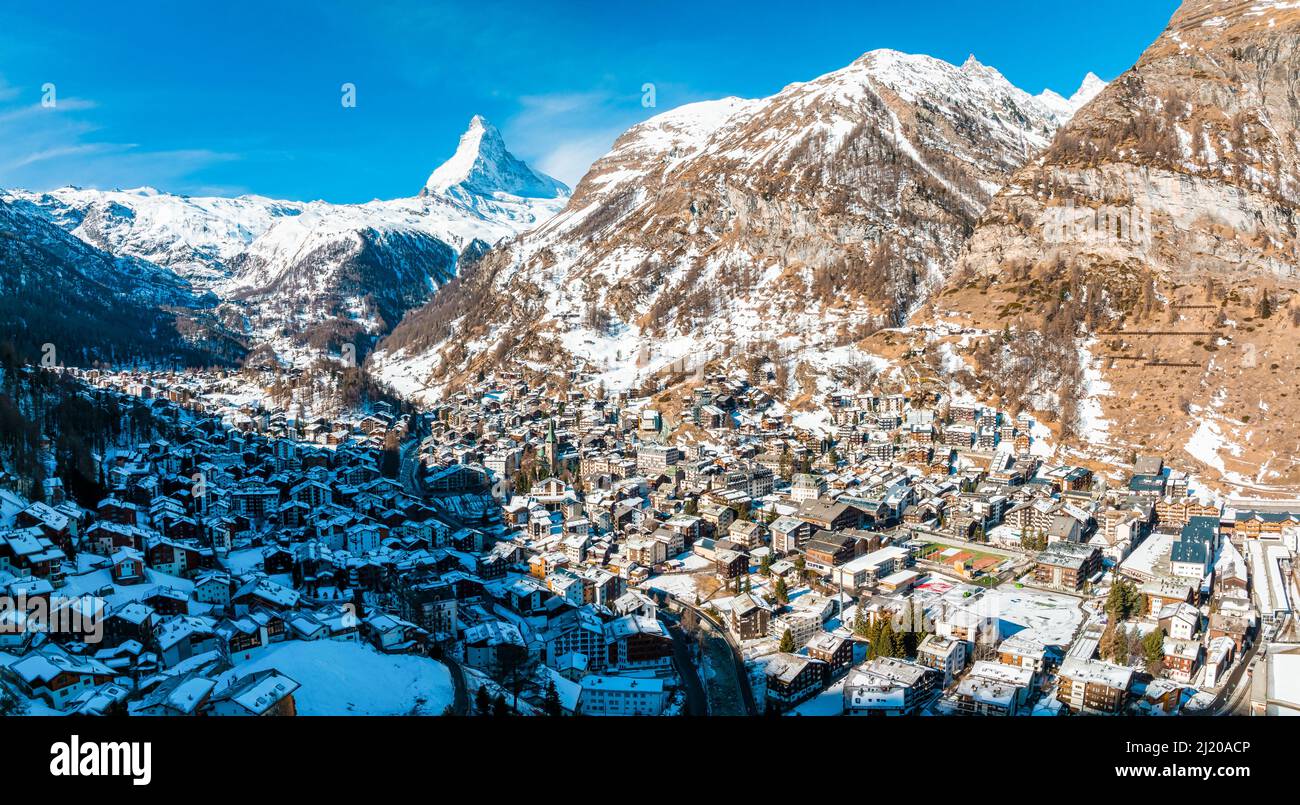 Aerial View on Zermatt Valley and Matterhorn Peak Stock Photo - Alamy