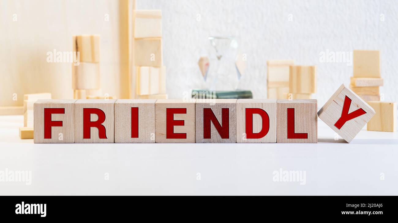 Friendly word written on wood block. Eco friendly and sustainable environment concept Stock ...