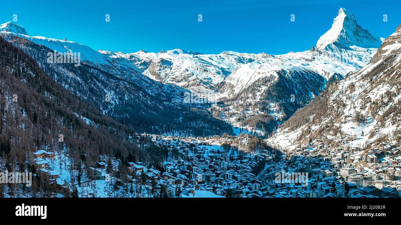 Aerial View on Zermatt Valley and Matterhorn Peak Stock Photo - Alamy