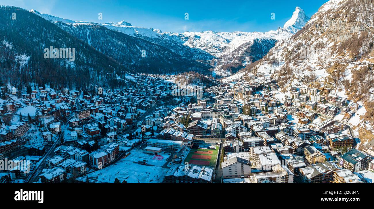 Aerial View on Zermatt Valley and Matterhorn Peak Stock Photo - Alamy