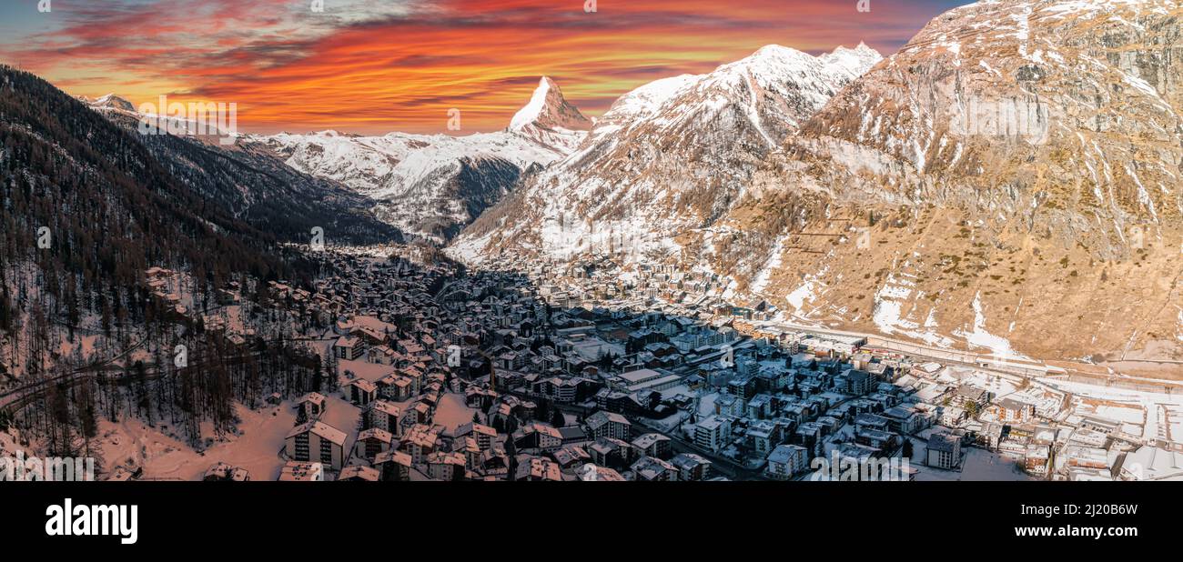 Aerial View on Zermatt Valley and Matterhorn Peak Stock Photo - Alamy