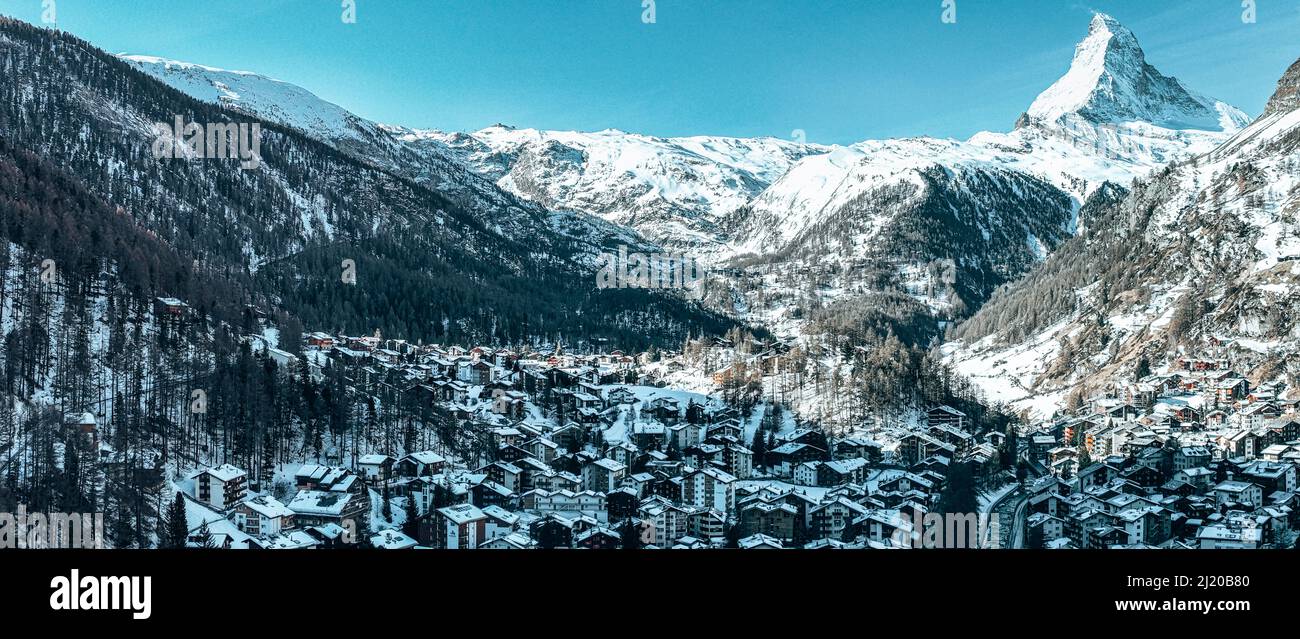 Aerial View on Zermatt Valley and Matterhorn Peak Stock Photo - Alamy
