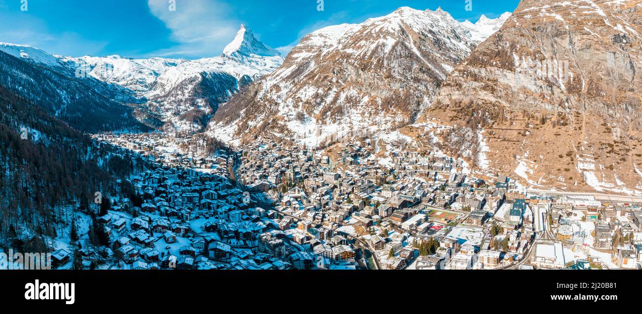 Aerial View on Zermatt Valley and Matterhorn Peak Stock Photo - Alamy