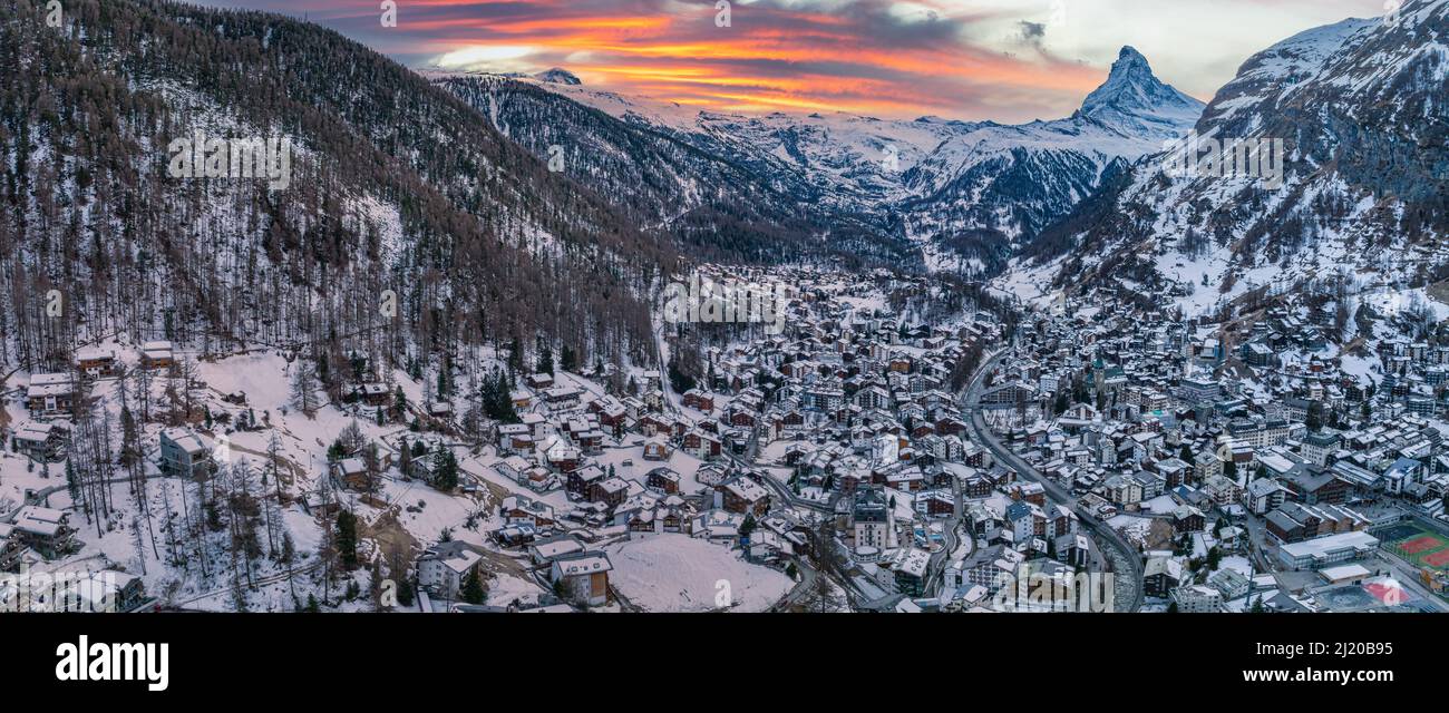 Aerial View on Zermatt Valley and Matterhorn Peak Stock Photo - Alamy