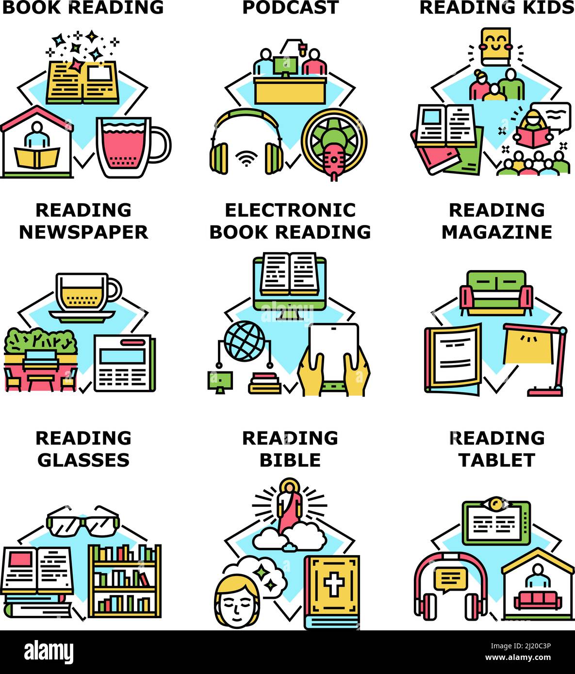 Book Reading Kids Set Icons Vector Illustrations Stock Vector Image ...