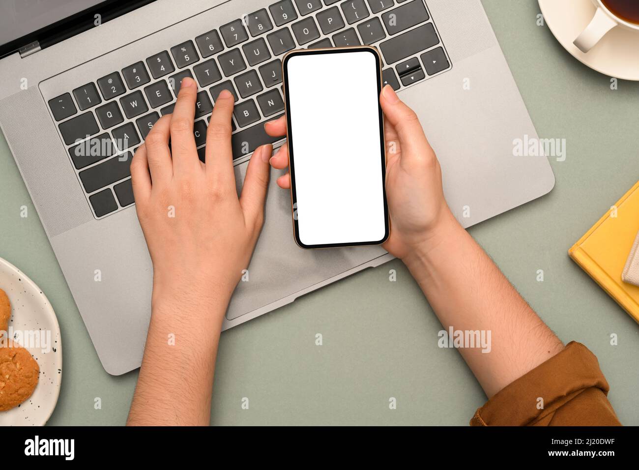 Overhead view, A female typing on notebook laptop computer and holding ...