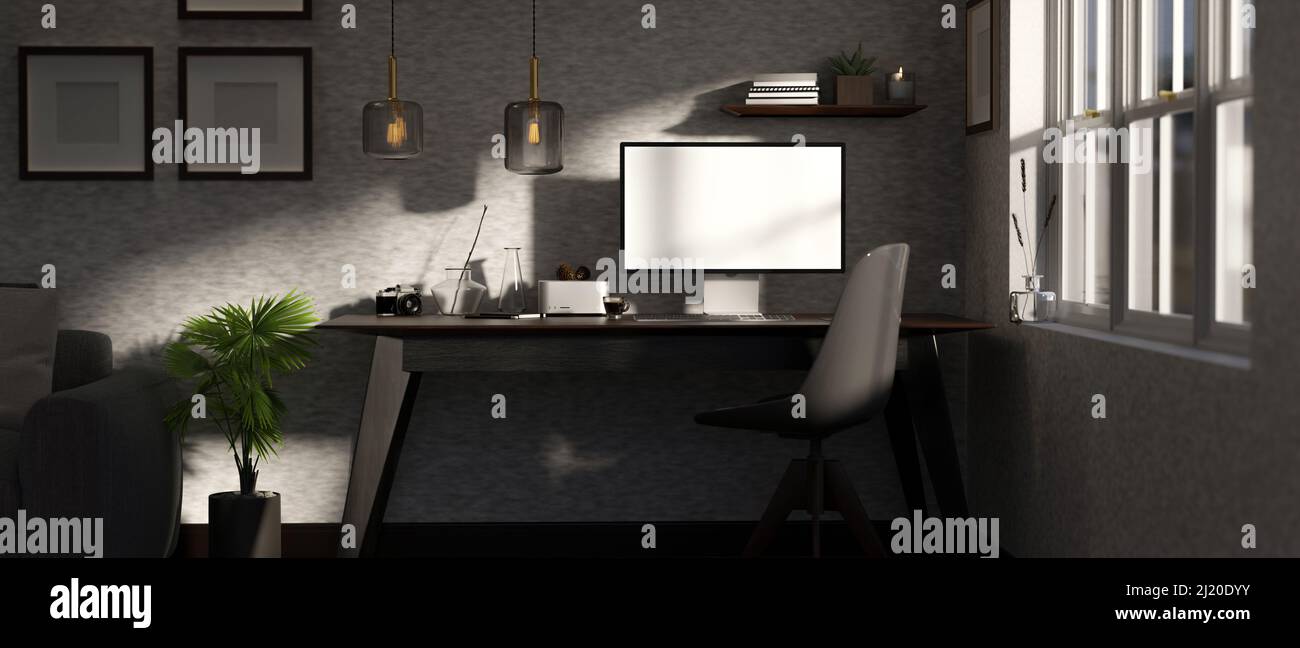 Modern loft office workspace in living room interior with pc computer ...