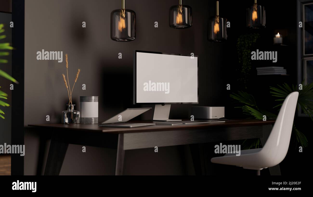 Luxury modern dark office studio workspace interior with desktop ...