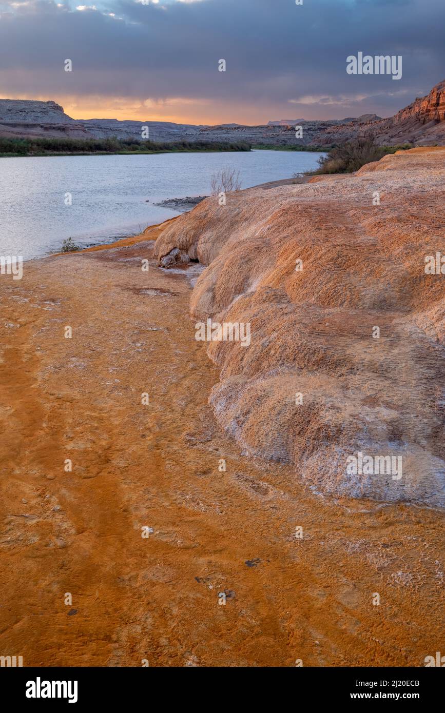 Travertine formation and Green River, Crystal Geyser, Utah Stock Photo ...