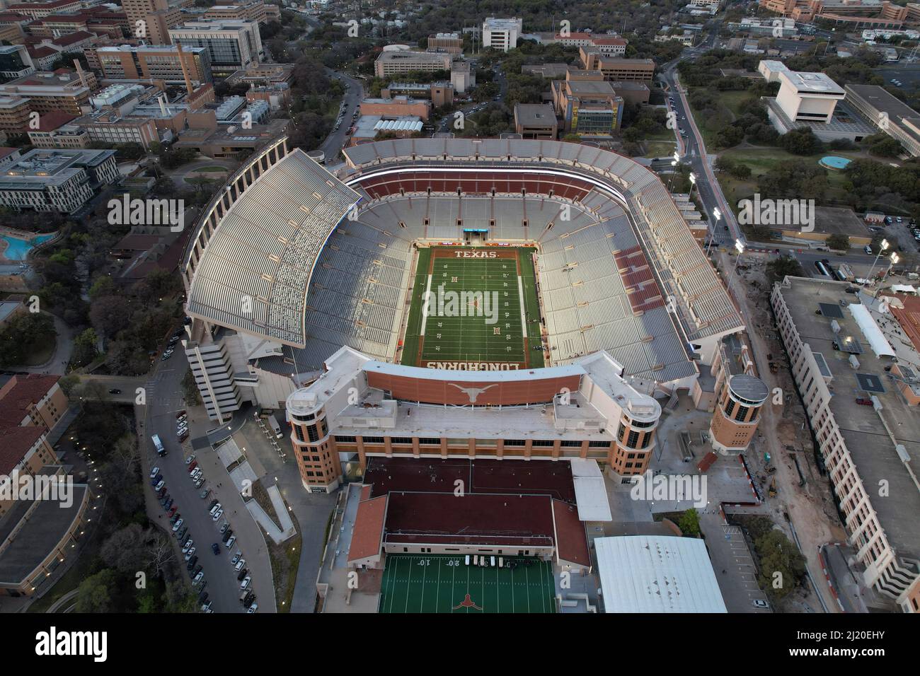 An aerial view of Darrell K Royal-Texas Memorial Stadium on the campus ...