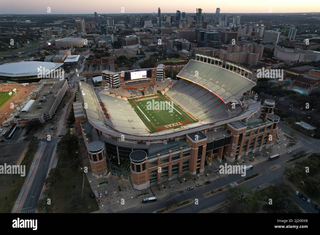 An aerial view of Darrell K Royal-Texas Memorial Stadium on the campus ...