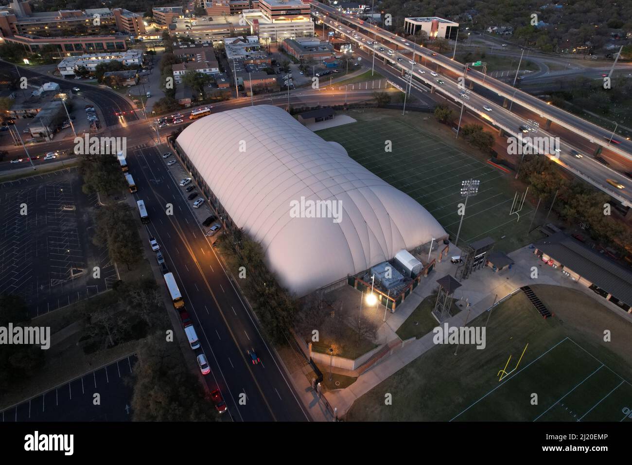 An aerial view of the Texas Longhorns foorball practice facility ...