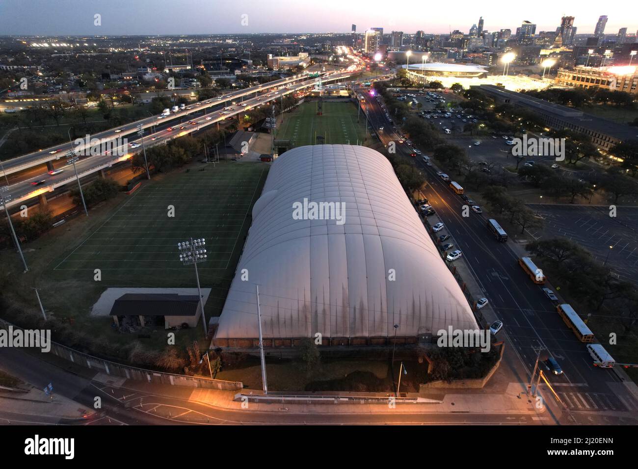 An aerial view of the Texas Longhorns foorball practice facility ...
