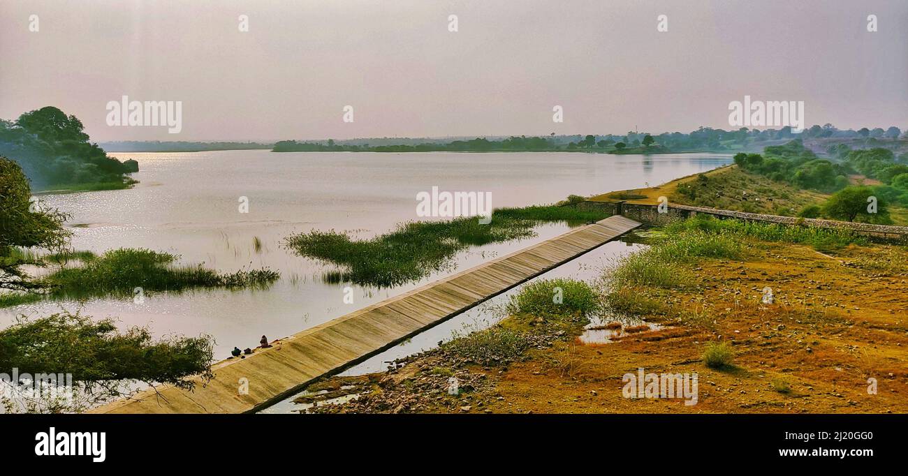 A bird's eye panoramic view of Kali dam, check dam on a sunny day in ...