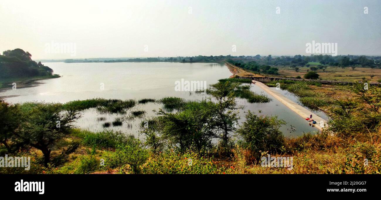 A bird's eye panoramic view of Kali dam, check dam on a sunny day in ...