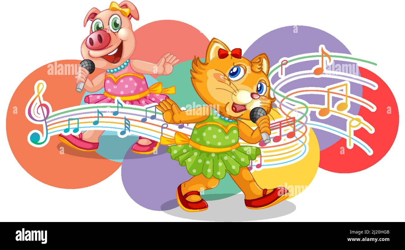Singer cat and pig cartoon with music melody symbols illustration Stock ...