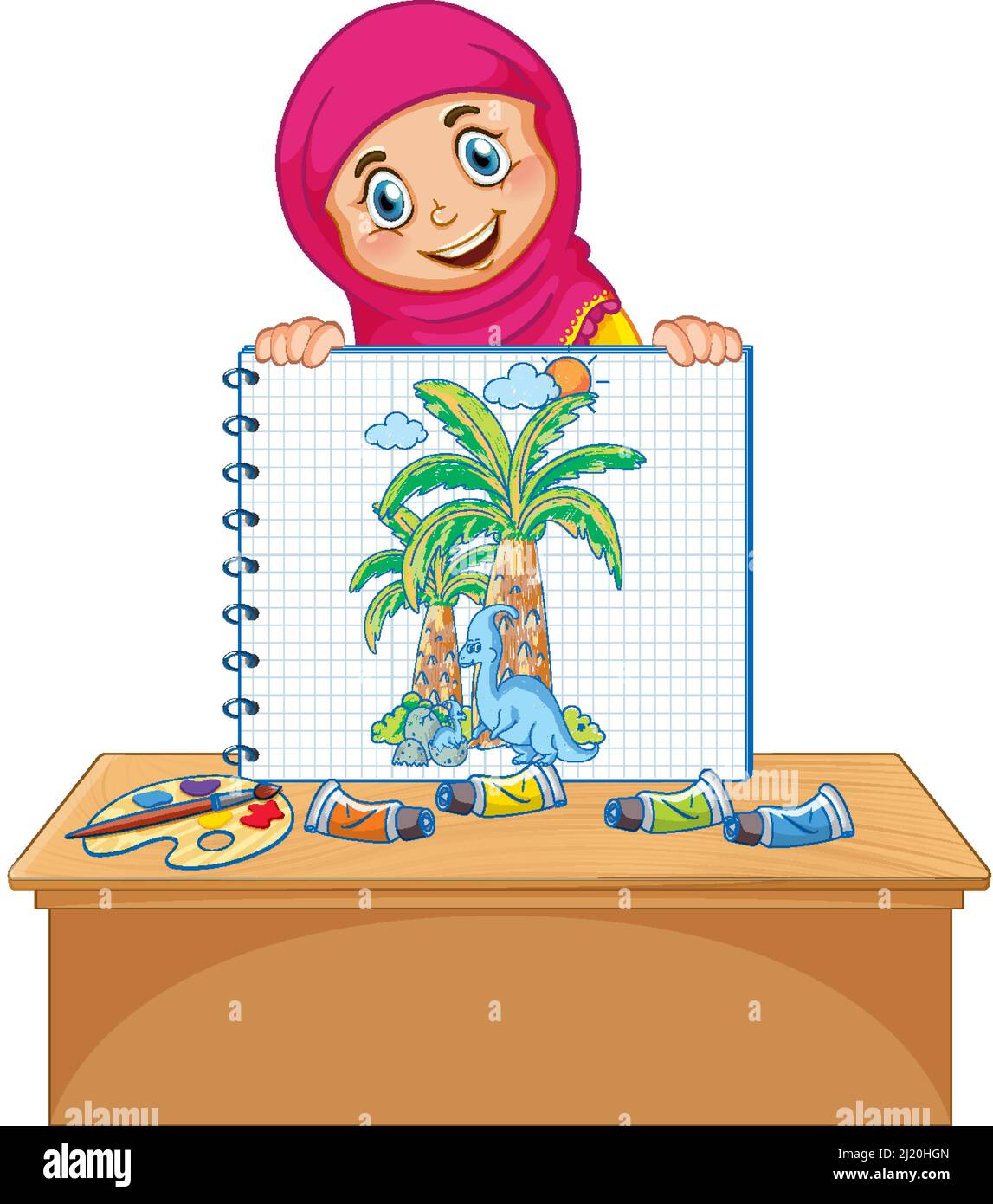A girl holding notebook with a doodle sketch design on white background ...