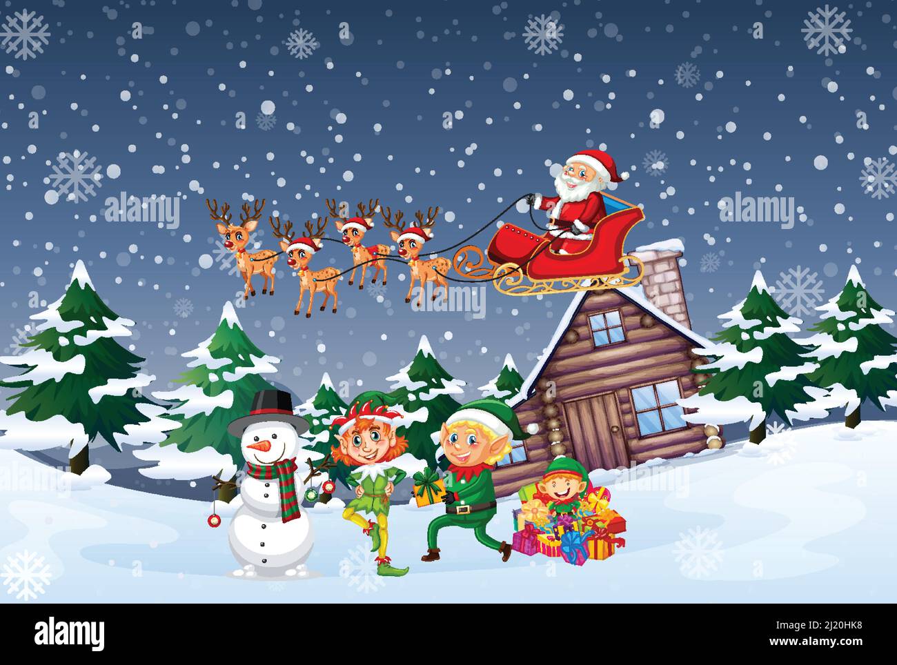 Snowy night scene with Christmas cartoon characters illustration Stock ...