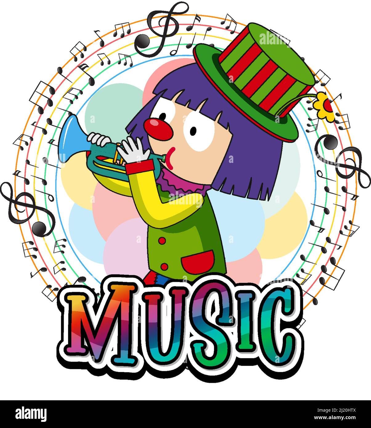 Clown blowing trumpet with music notes on white background illustration ...