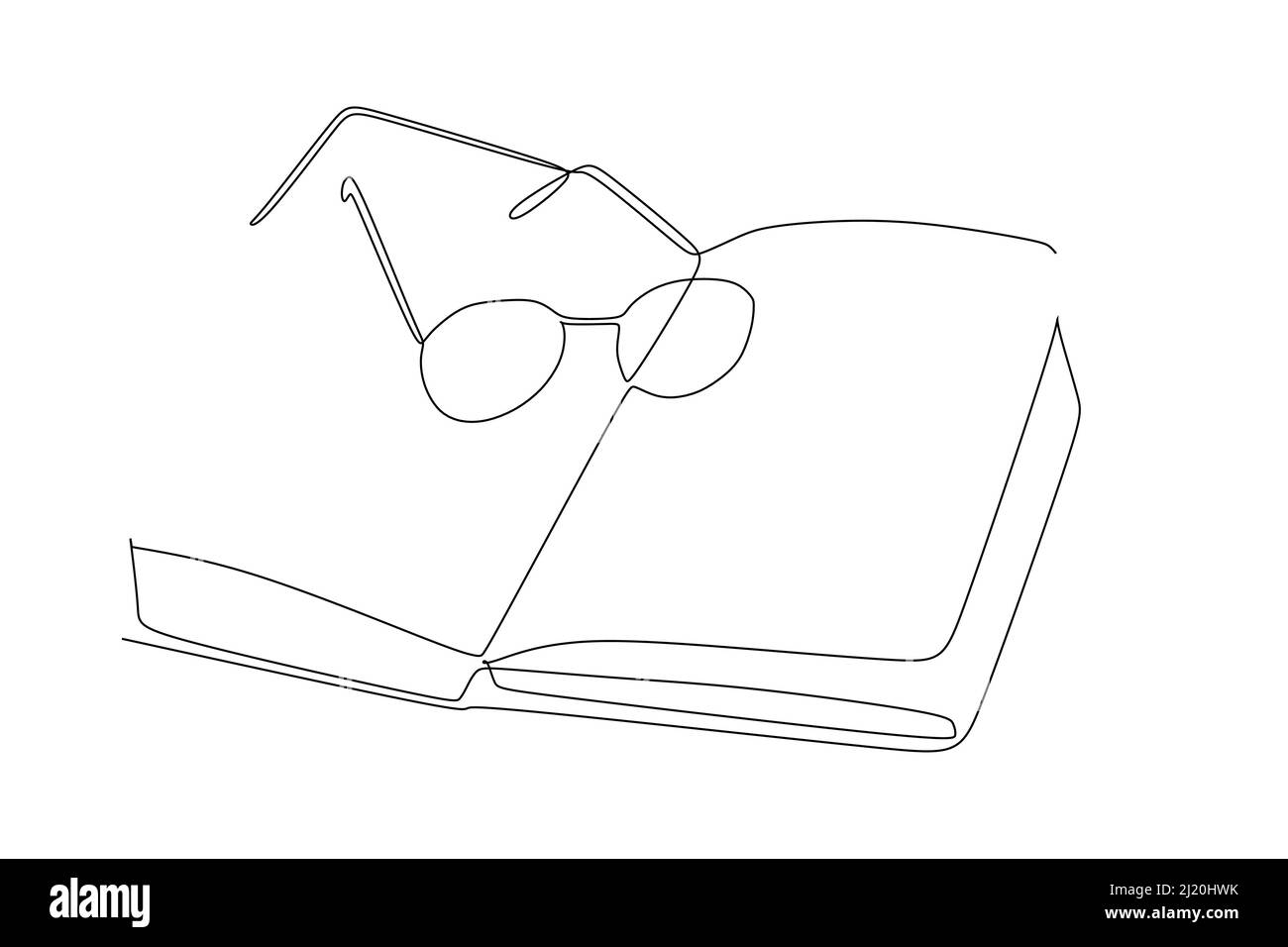 Simple single line drawing of book and eye glasses on the table. Line ...