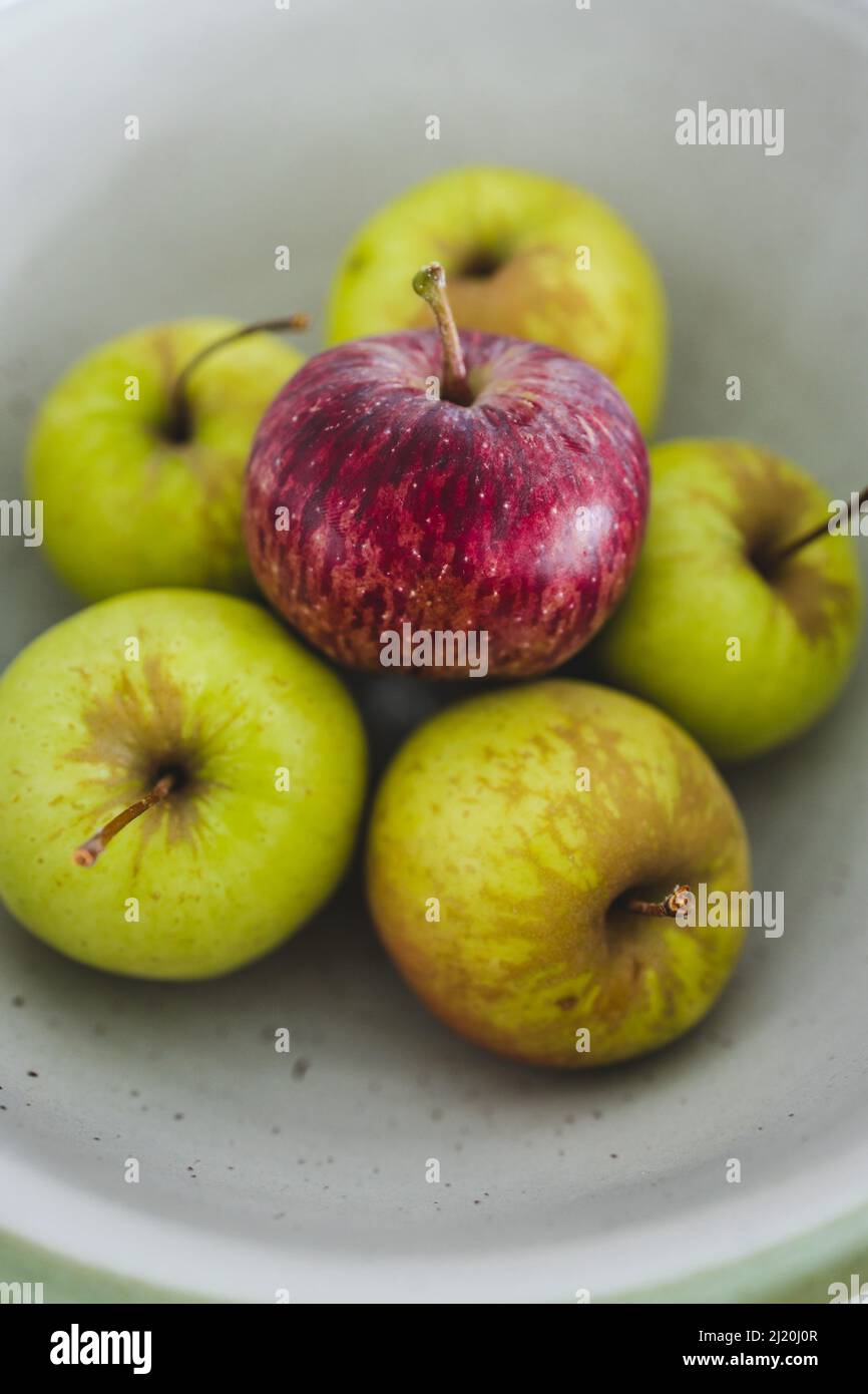group of green apples with one red apple in the middle, concept of ...