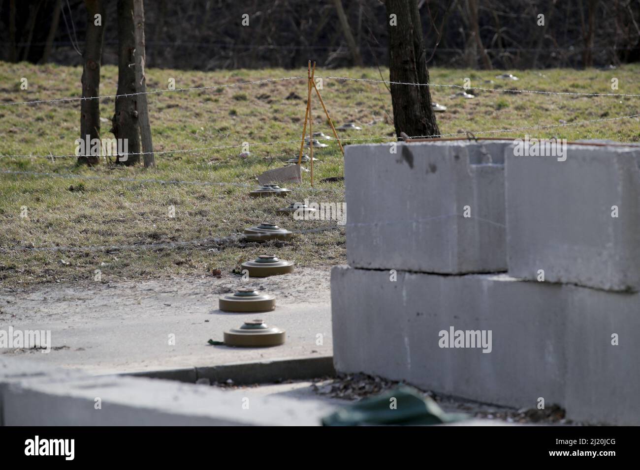 Mines are lined up at a roadblock, Kyiv, capital of Ukraine, March 28 ...