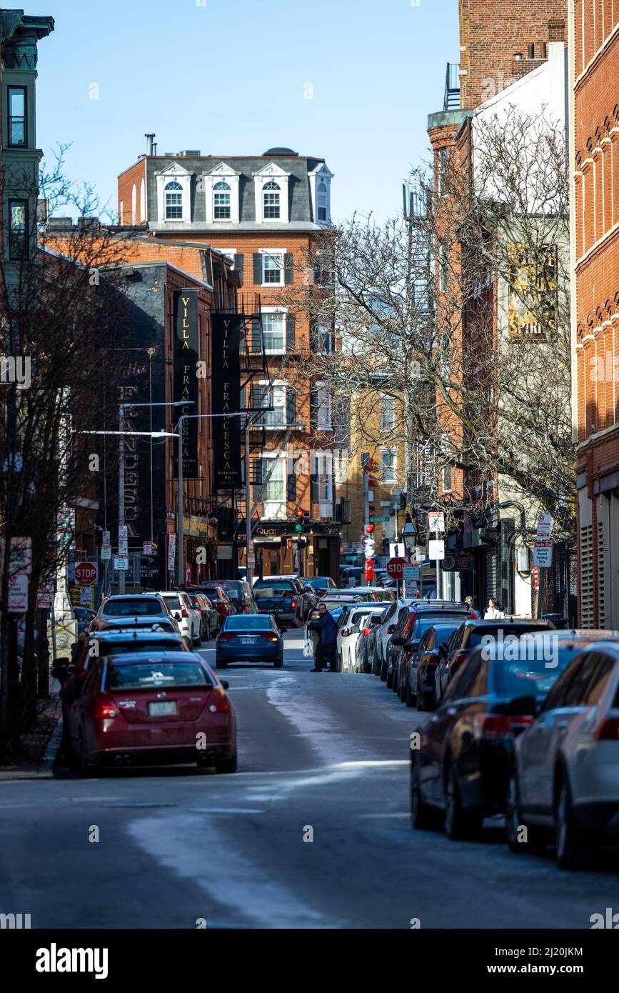 Boston city streetscape with parked cars in foreground Stock Photo - Alamy