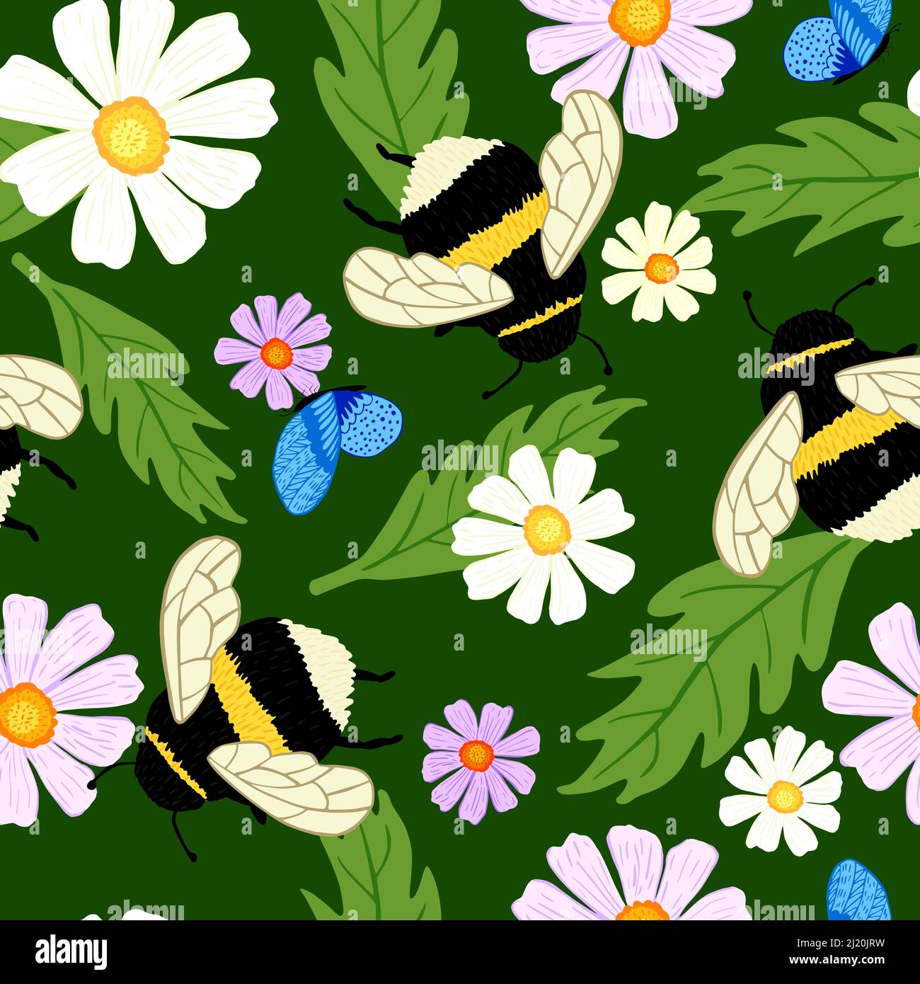 Cute bumblebee on meadow seamless pattern. Summer background of bee and ...