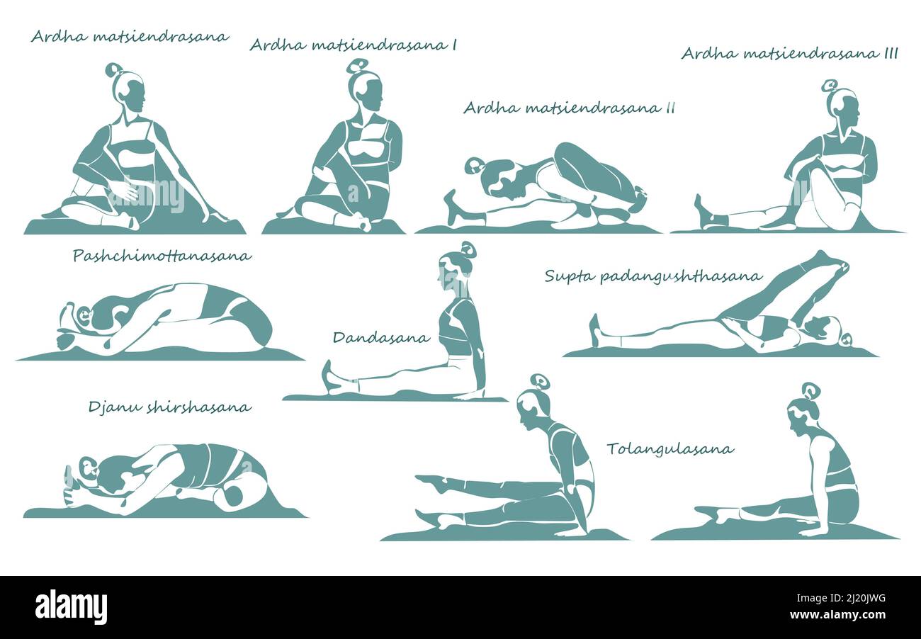 Set of slim athletic young woman doing yoga and fitness. Healthy ...