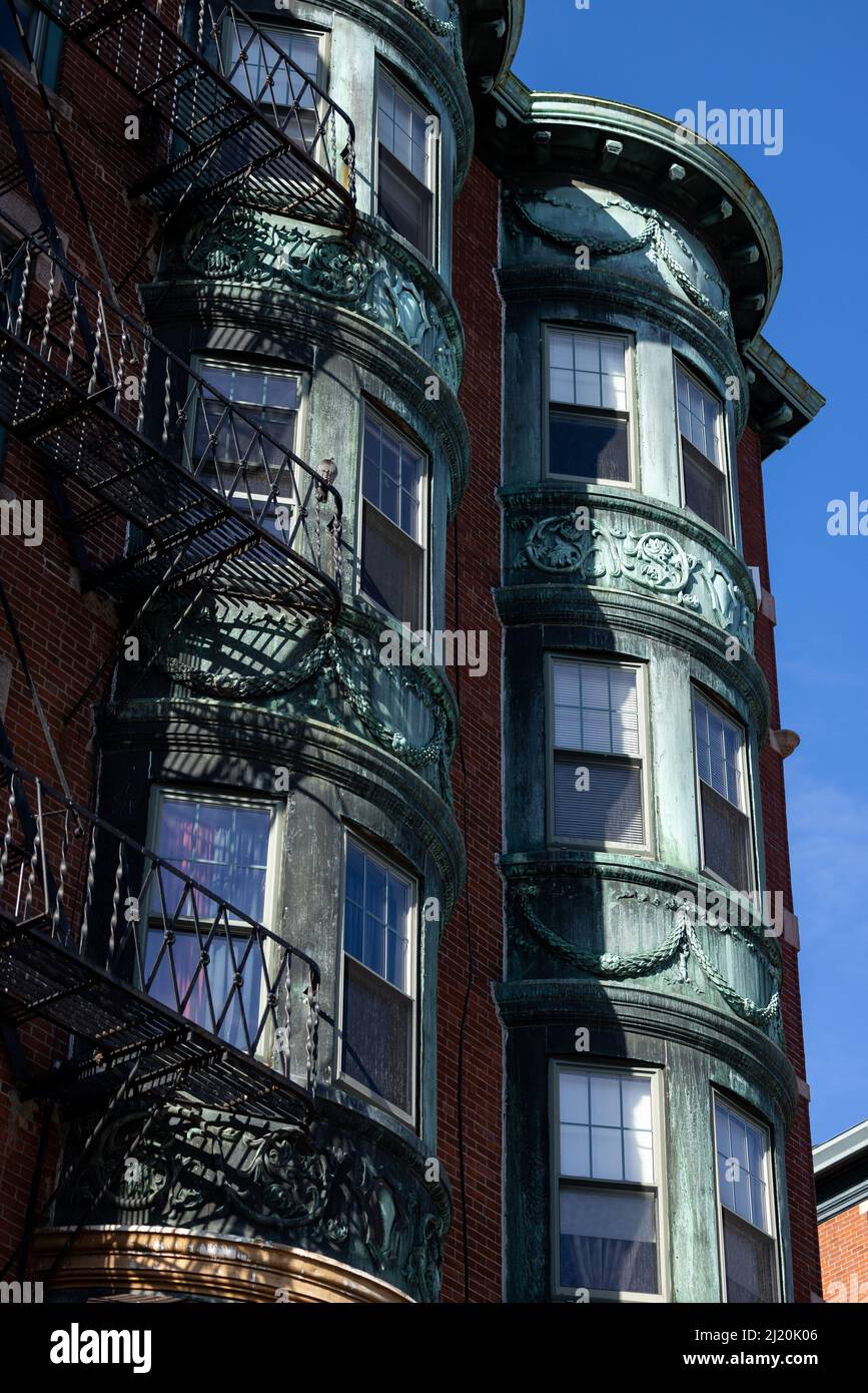 Detail of rounded elegant building with fire escapes in Boston Stock ...